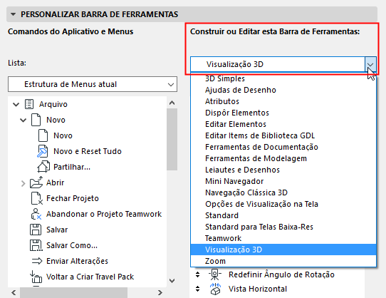 Caixa de Diálogo de Personalização de Barras de Ferramentas