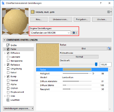 Oberflächenmaterial-Einstellungen (CineRender)