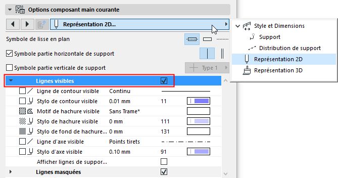 Options Composant de lisse (Lisse supérieure/Main courante/Lisse)