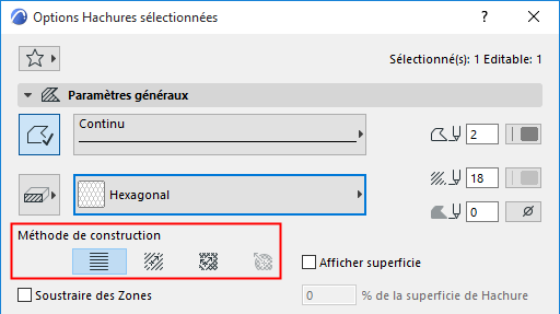 Options de l'outil Hachure