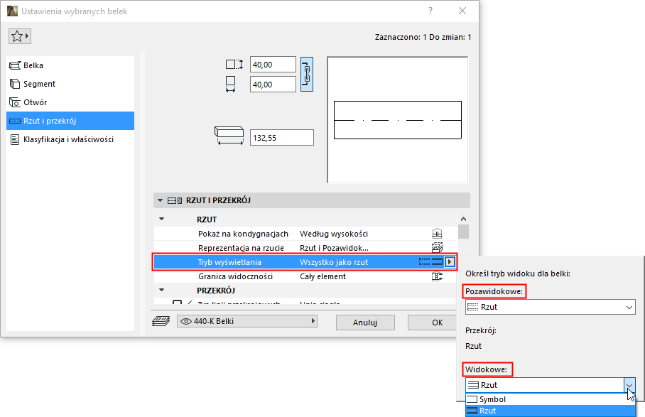 Widok belki na rzucie i w przekroju