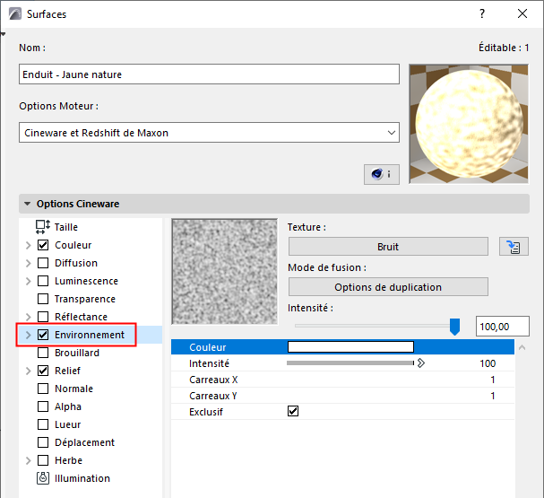 Environnement (canal de surface Cineware)