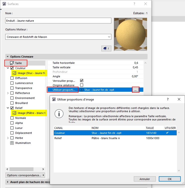 Réglages spéciaux pour Textures d'image (surfaces Cineware)