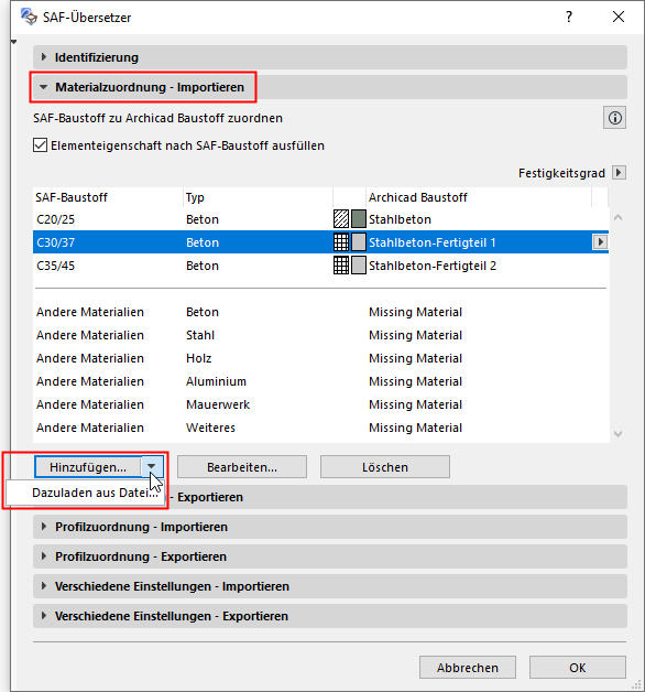 Hinzufügen weiterer SAF-Baustoffe (Materialzuordnung - SAF-Import)