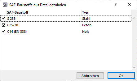 Hinzufügen weiterer SAF-Baustoffe (Materialzuordnung - SAF-Import)