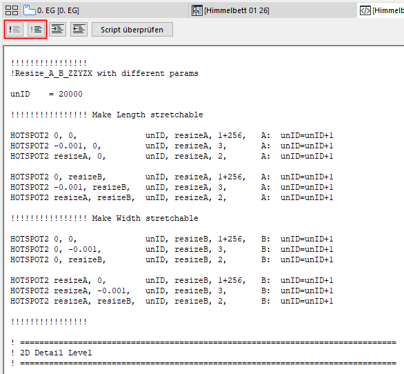 Textbearbeitungsbefehle in GDL-Script-Fenstern