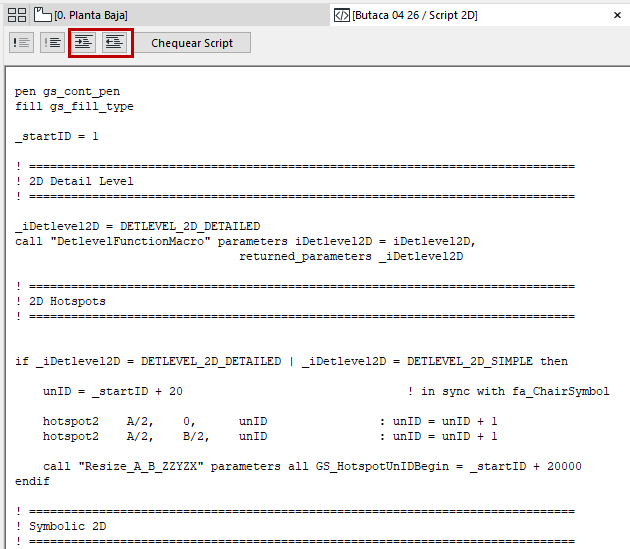 Comandos de edición de texto en ventanas de Script GDL