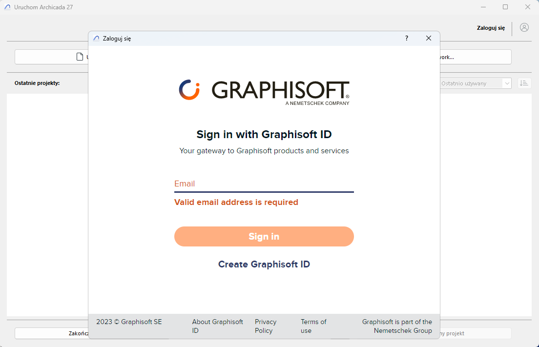 Zaloguj się, używając Graphisoft ID