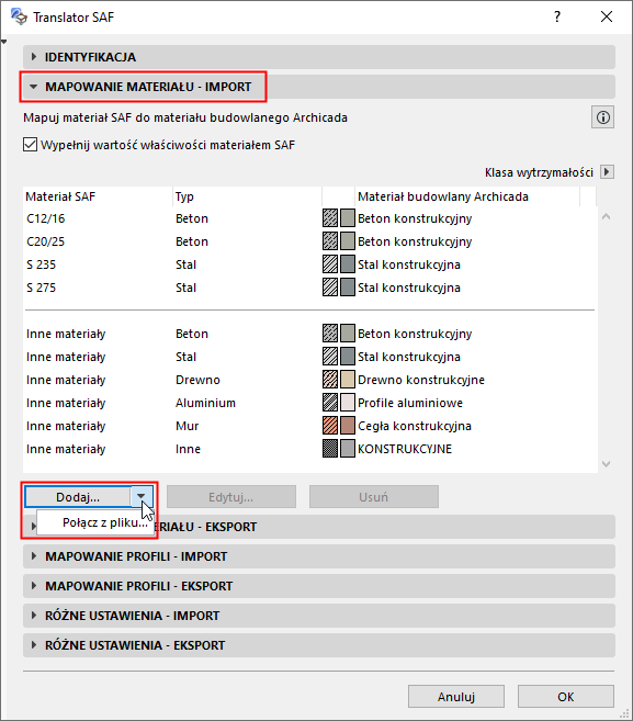 Dodaj więcej materiałów SAF (Mapowanie materiałów - Import SAF)