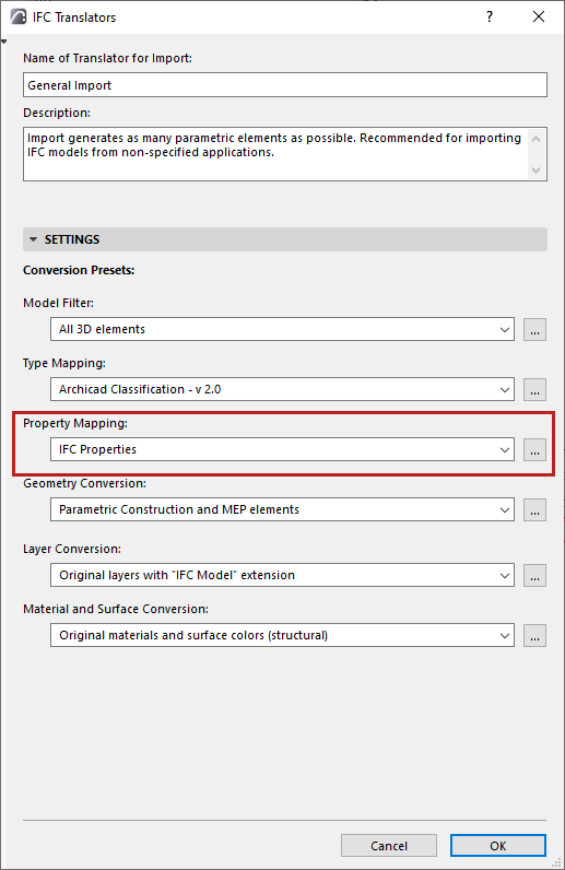 Property Mapping for IFC Import