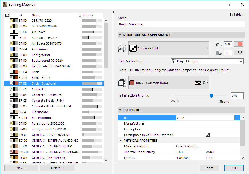 Building Materials Dialog Box