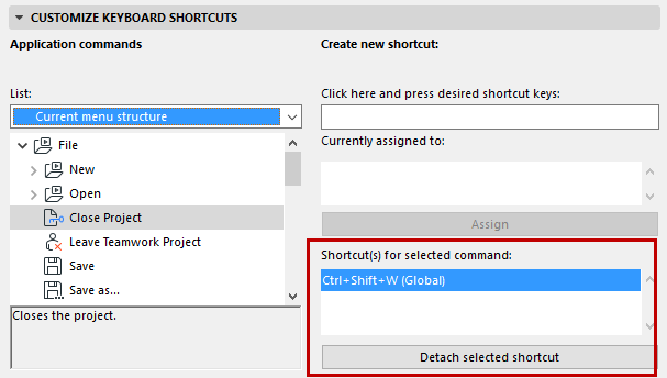 Shortcut Customization Dialog Box