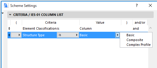 Column Tool Settings