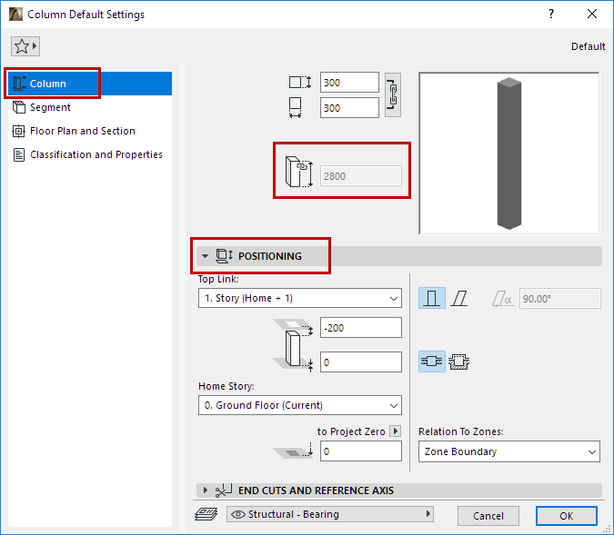 Column Tool Settings: Preview and Positioning