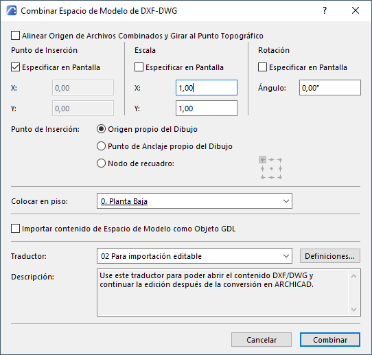 Cuadro de diálogo Combinar Espacio de Modelo DXF-DWG