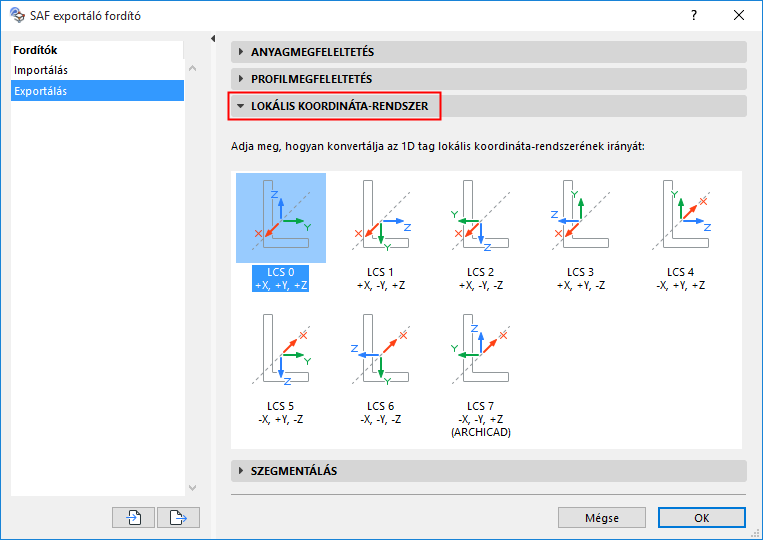 Helyi koordináta-rendszer (exportálás SAF-be)