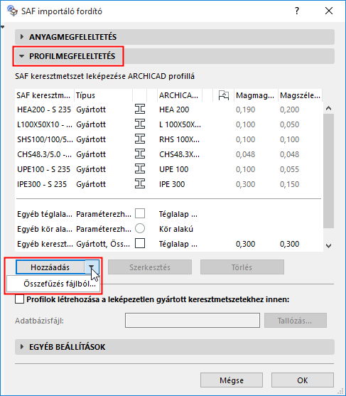 Több SAF keresztmetszet hozzáadása (SAF importálása ARCHICAD-be)