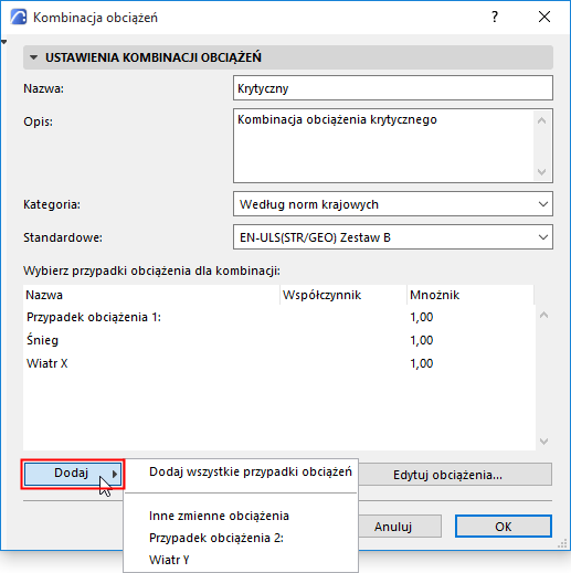 Okno dialogowe Kombinacja obciążeń