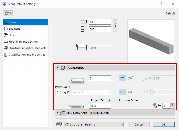 Beam Tool Settings: Preview and Positioning