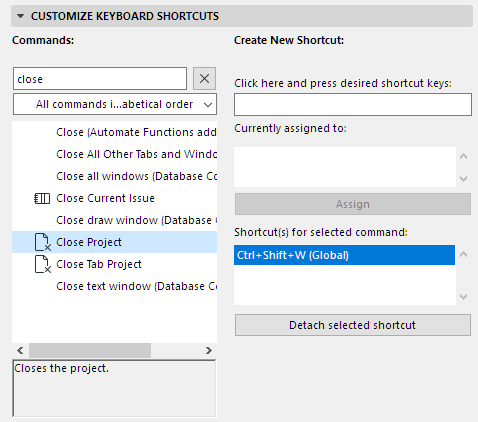 Shortcut Customization Dialog Box