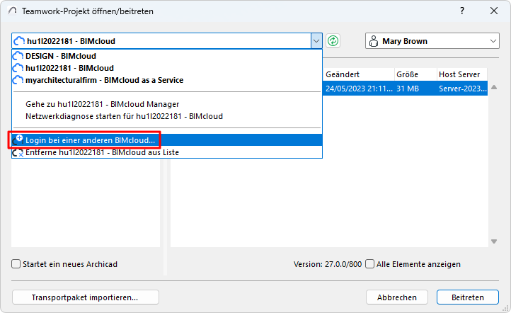 Anmelden bei der BIMcloud
