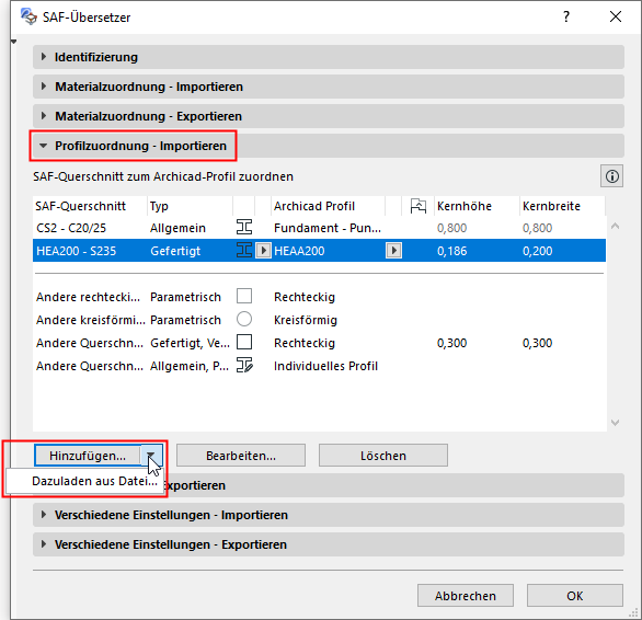 Neuen SAF-Querschnitt hinzufügen (SAF importieren)