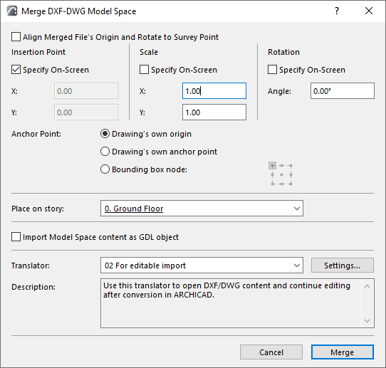 Merge DXF-DWG Model Space Dialog Box