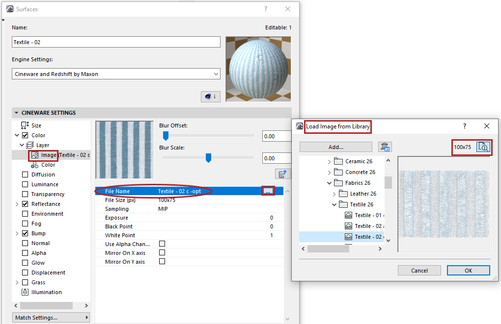 Special Settings for Image Textures (Cineware Surfaces)